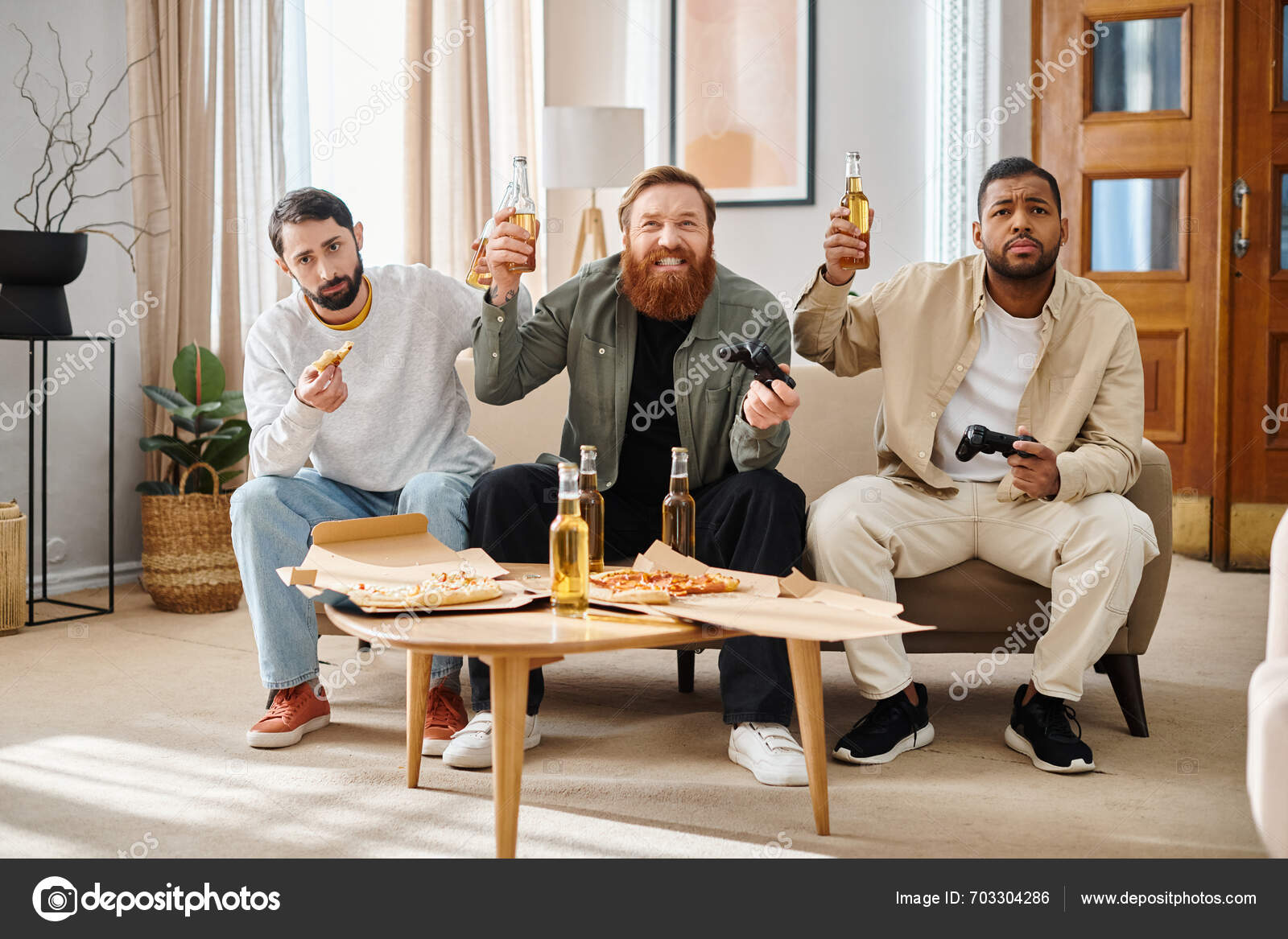 Three Handsome Men Different Races Dressed Casually Enjoy Cozy Evening ...