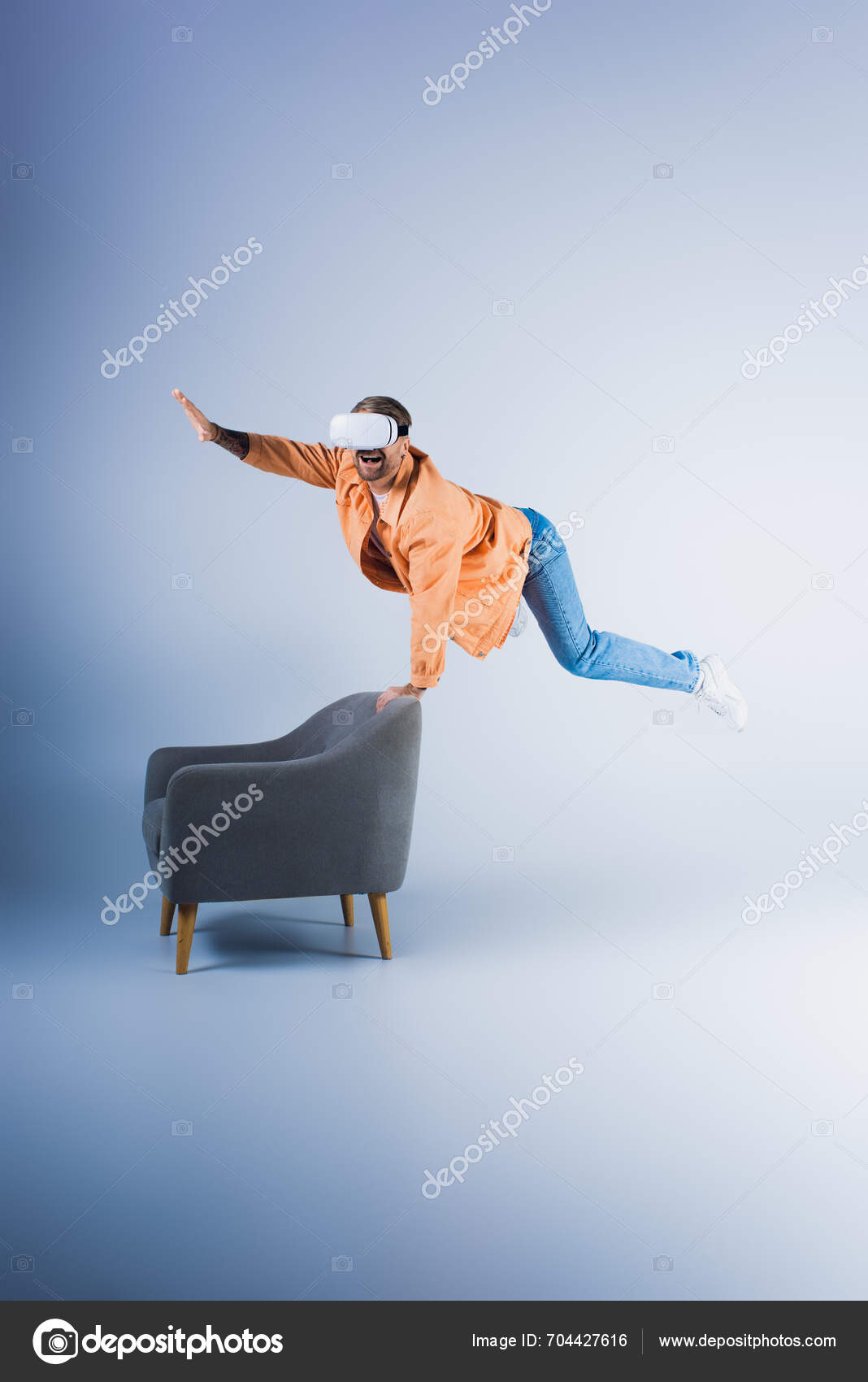Man Headset Performs Gravity Defying Trick Chair Futuristic Studio ... Man Headset Performs Gravity Defying Trick Chair Futuristic Studio ...