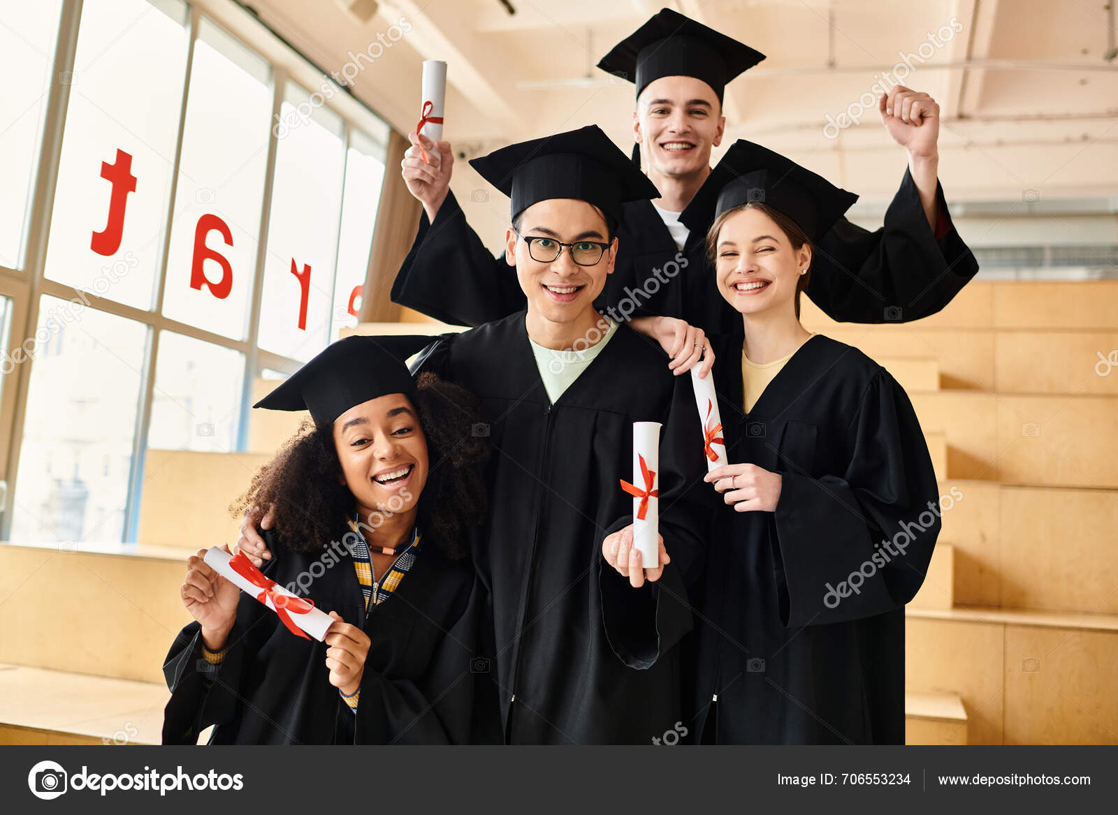 Diverse Group Students Graduation Gowns Caps Posing Celebratory Moment ...
