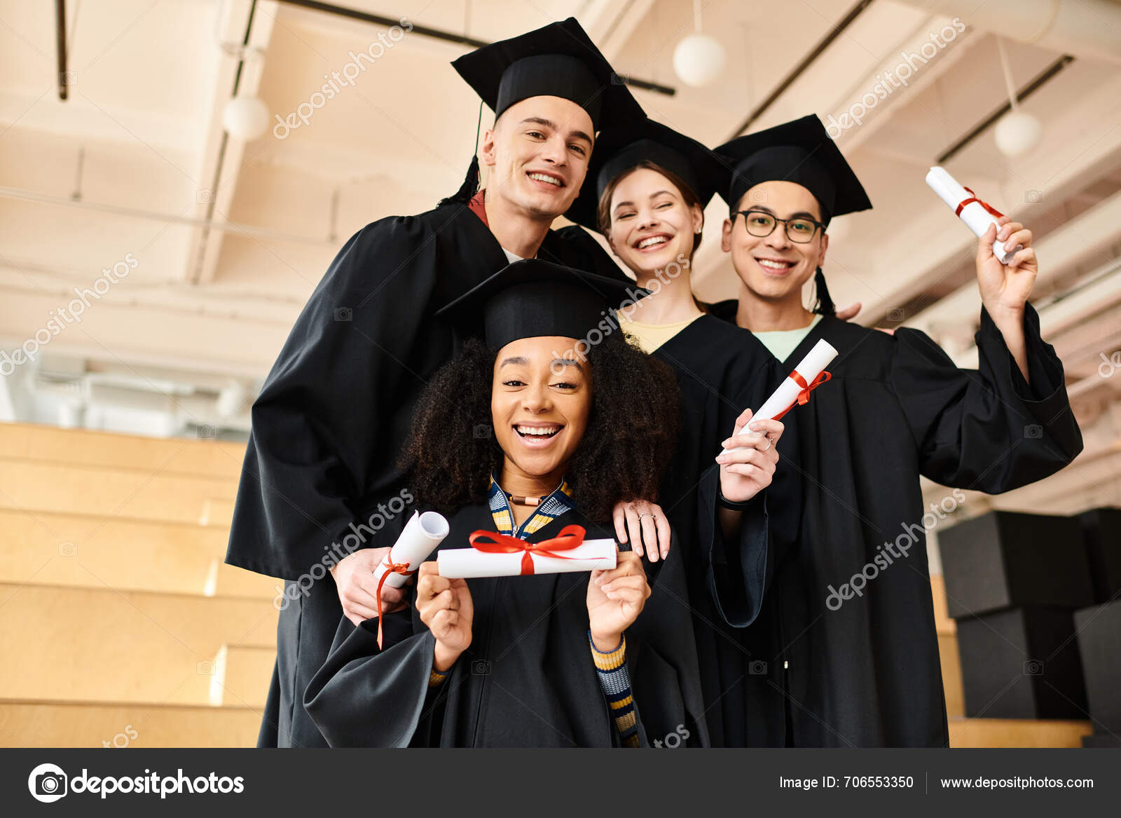 Diverse Group Students Graduation Gowns Academic Caps Smiling Happily ...