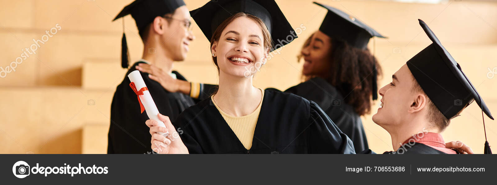 Group Happy Students Graduation Caps Gowns Celebrating Academic ...