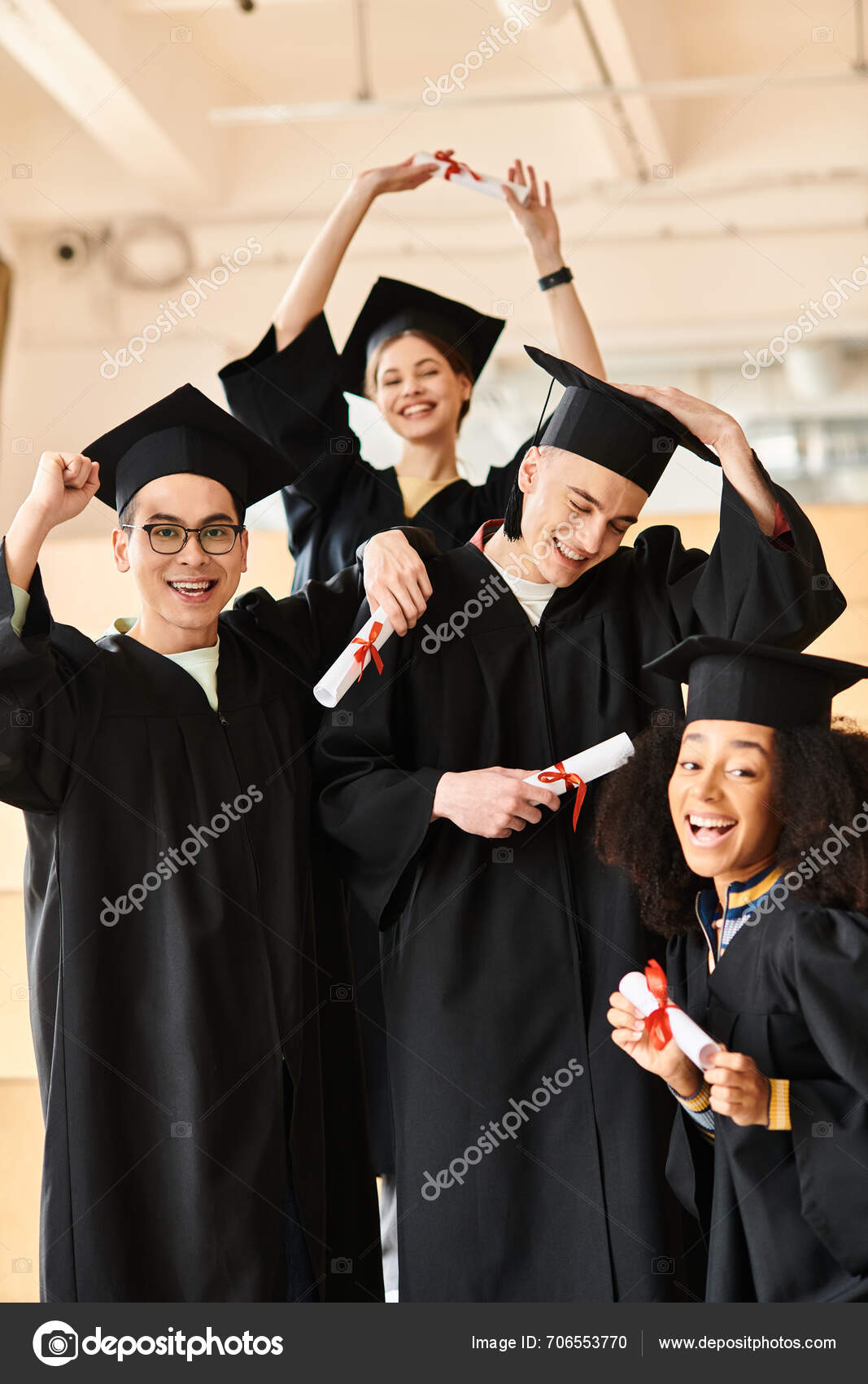 Group Multicultural University Students Graduation Gowns Caps Posing ...