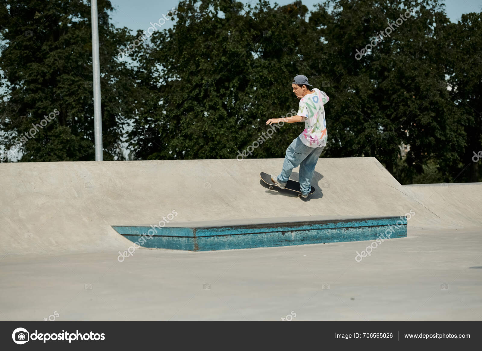 Young Skater Boy Confidently Rides His Skateboard Steep Side Ramp ...