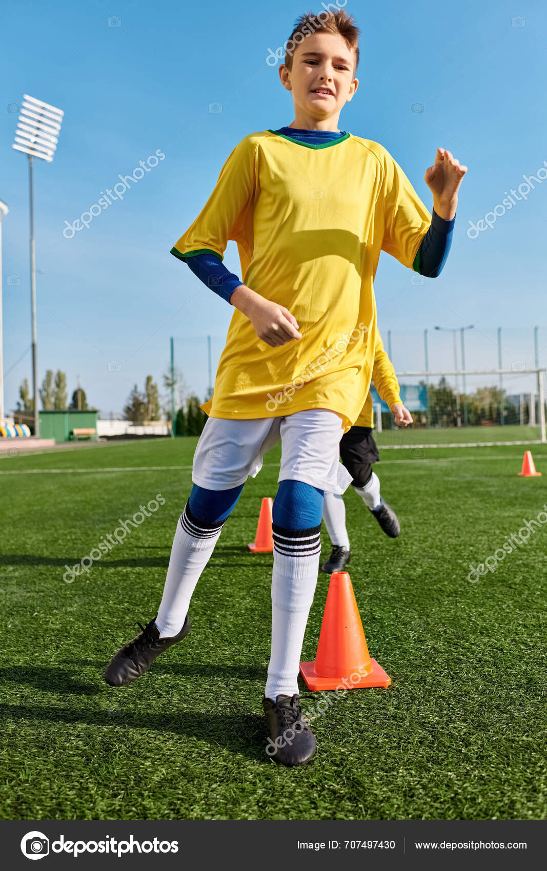 Boy Soccer Uniform Kicks Soccer Ball Determination Skill Green Field ...
