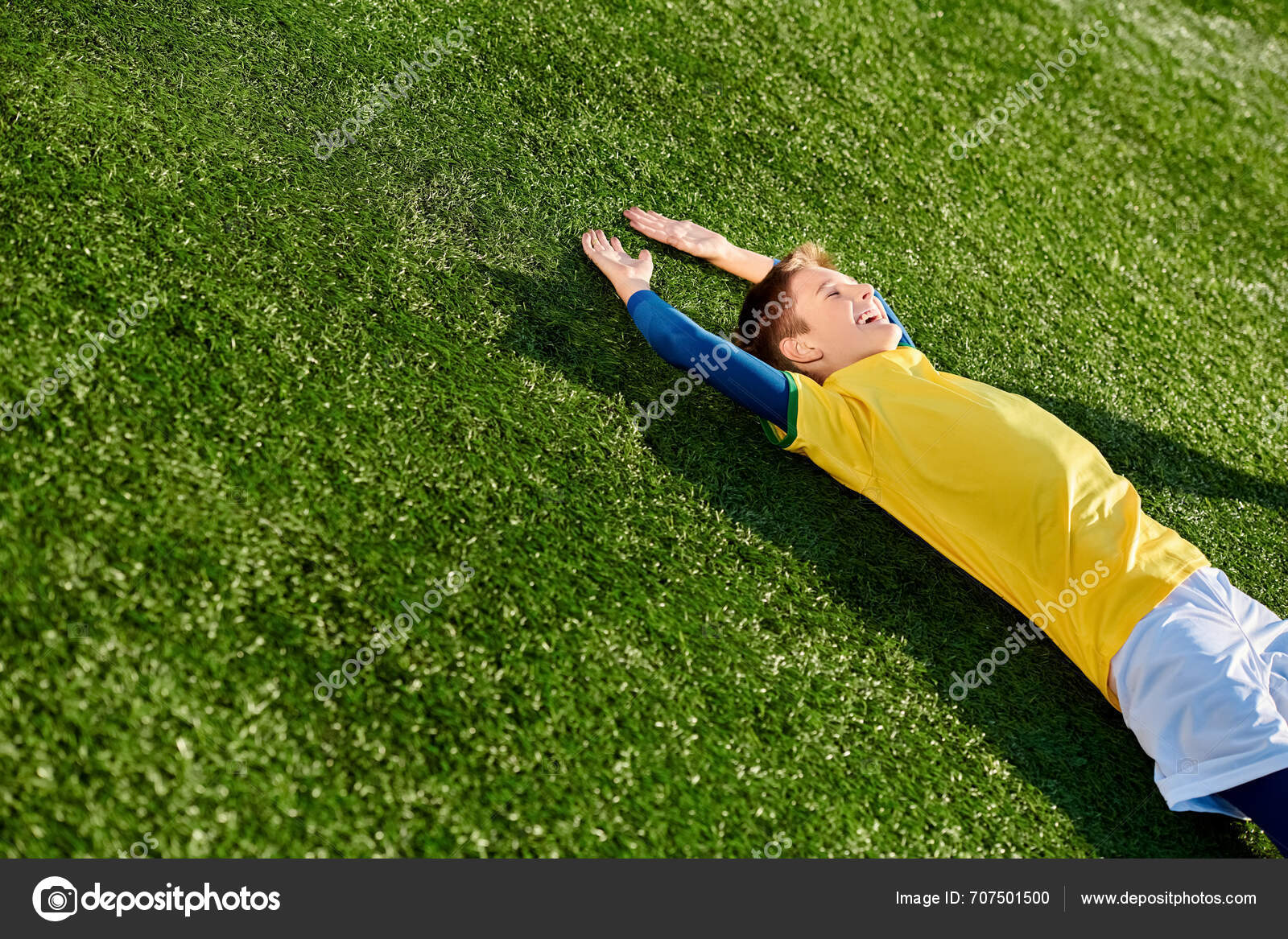 Young Boy Soccer Uniform Lies Peacefully Grass Staring Sky Smile — Stock Photo © HayDmitriy ...