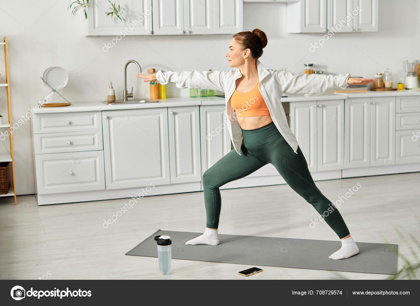 Middle Aged Woman Gracefully Strikes Yoga Pose Her Kitchen — Stock ...