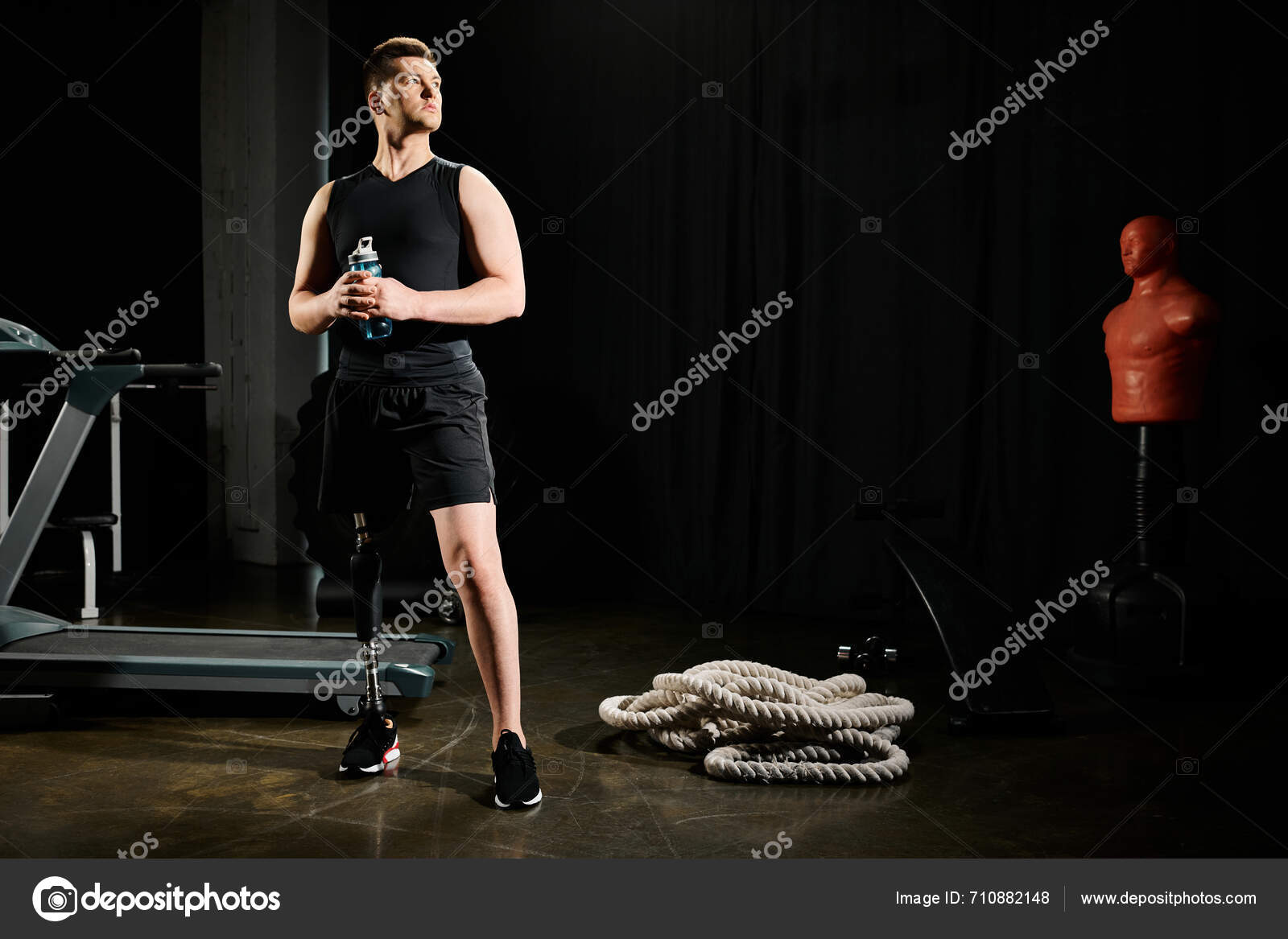 Man Prosthetic Leg Stands Confidently Front Gym Equipment Showcasing ...