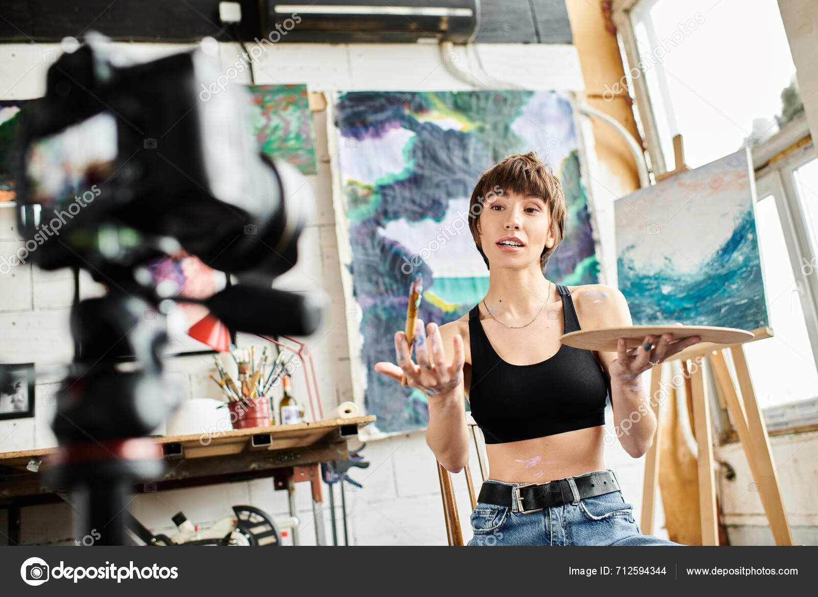 Woman Sits Chair Front Captivating Painting Immersed Its Beauty — Stock ... Woman Sits Chair Front Captivating Painting Immersed Its Beauty — Stock ...