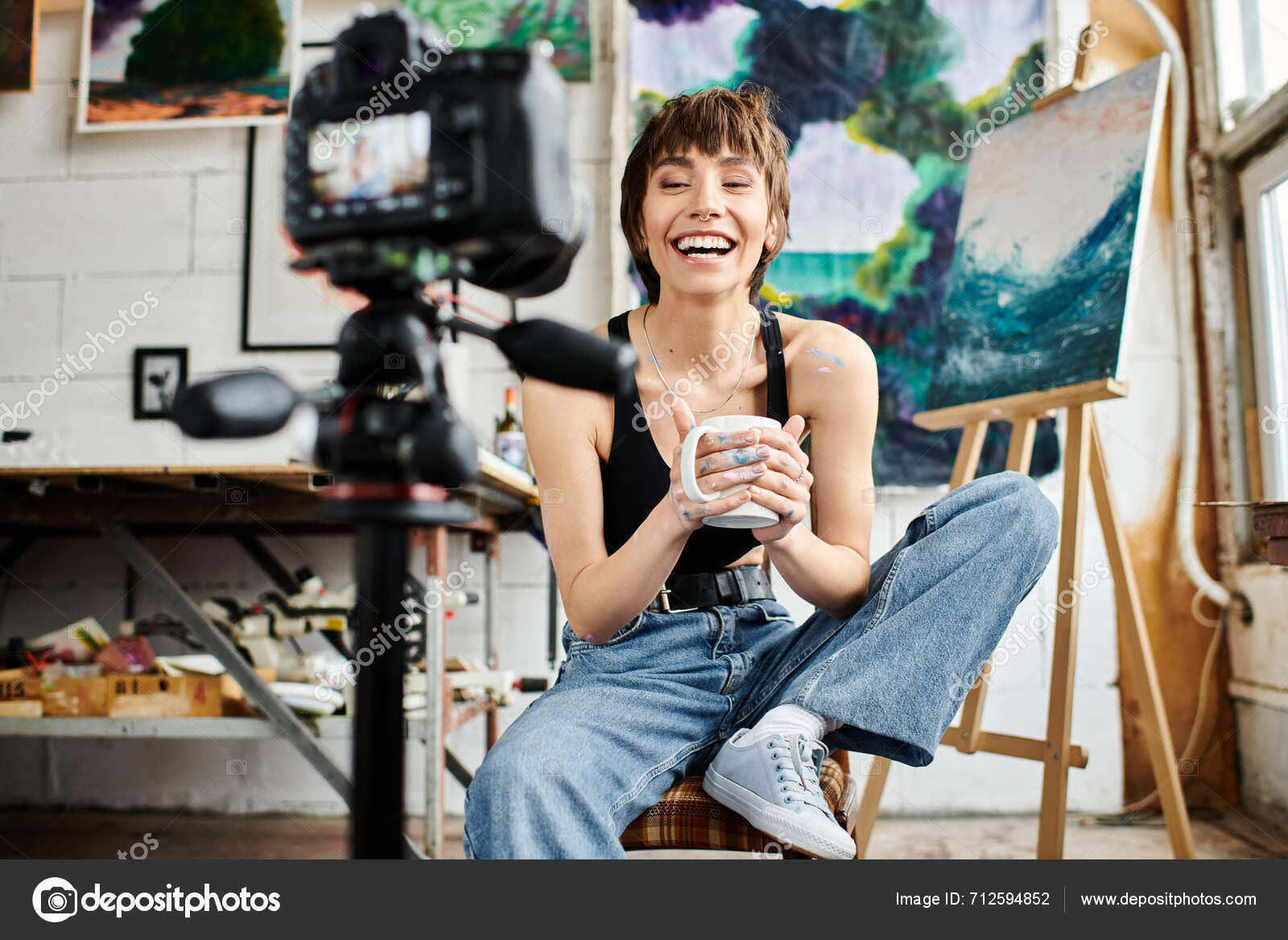 Elegant Woman Sits Stool Captivated Camera — Stock Photo © HayDmitriy ...