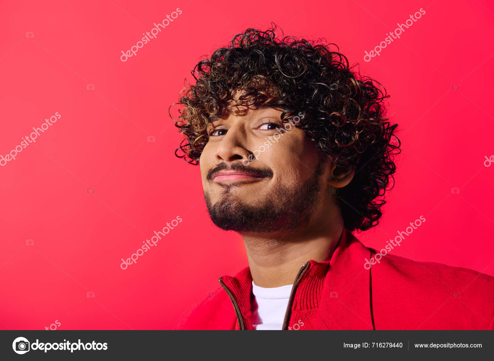 Handsome Young Indian Man Curly Hair Striking Red Jacket Posing — Stock ...