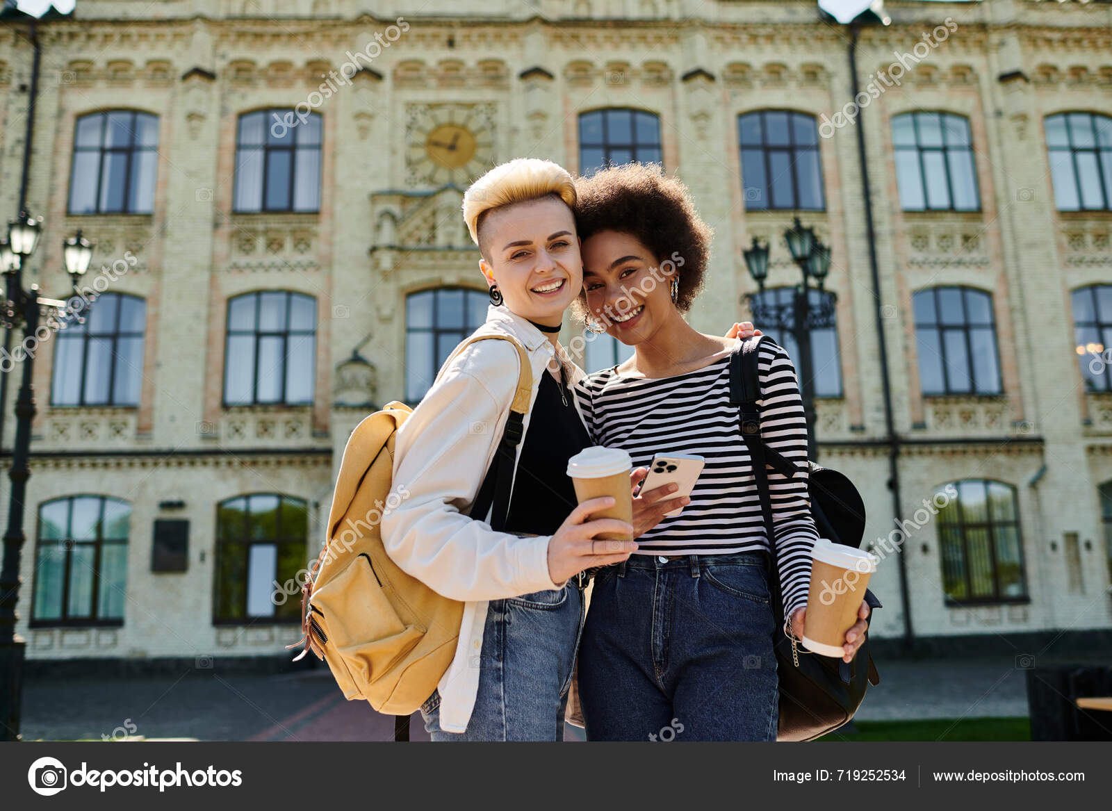 Two Young Women Stand Together Front Old Building Architectural Beauty ...