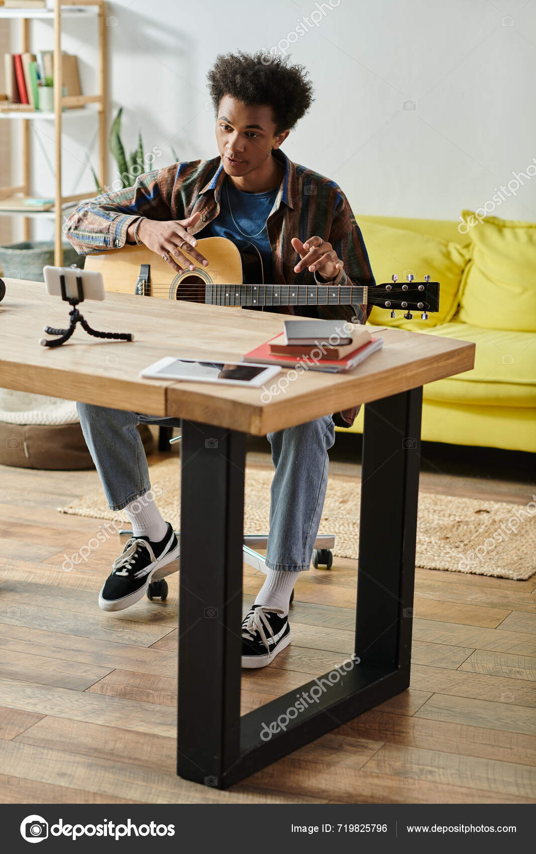 Young Man Creates Music Acoustic Guitar Rustic Table — Foto de stock ... Young Man Creates Music Acoustic Guitar Rustic Table — Foto de stock ...