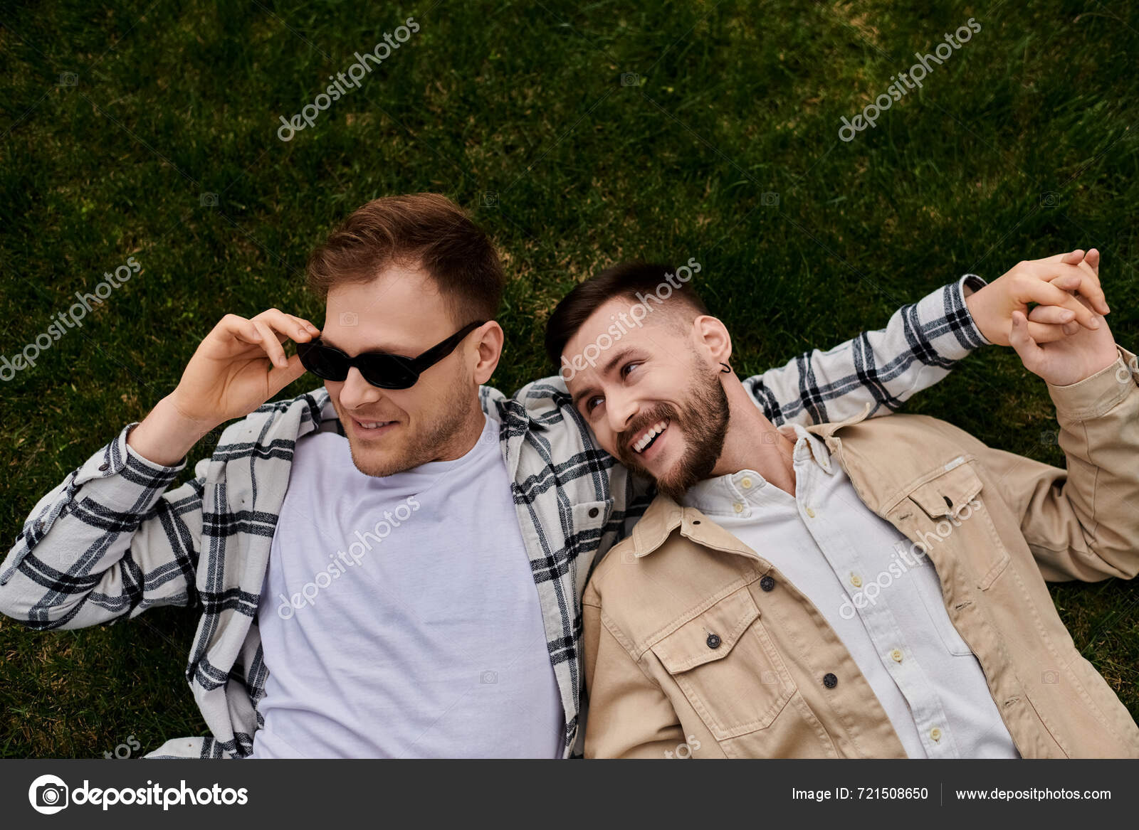 Two Men Love Laying Vibrant Green Field Enjoying Each Others — Stock ...
