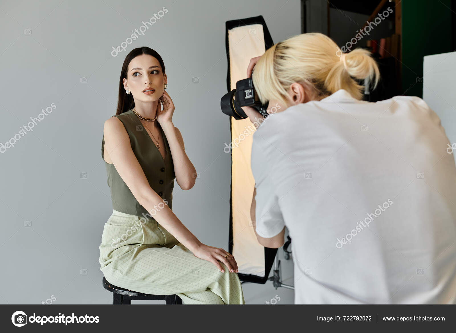 Woman Gracefully Sits Stool Front Photographer — Stock Photo ...