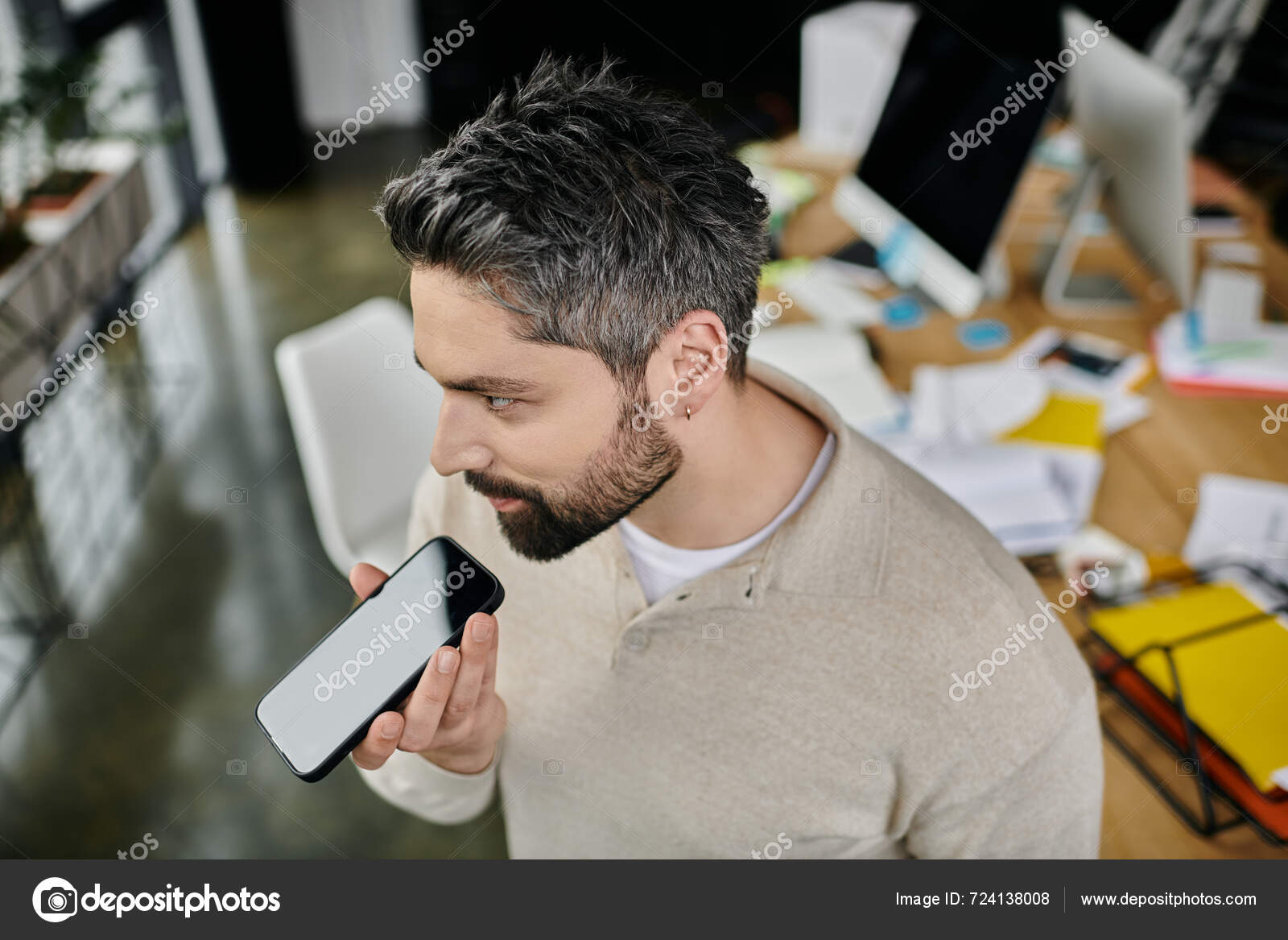Handsome Businessman Beard Working Modern Office Using Voice Assistant ...