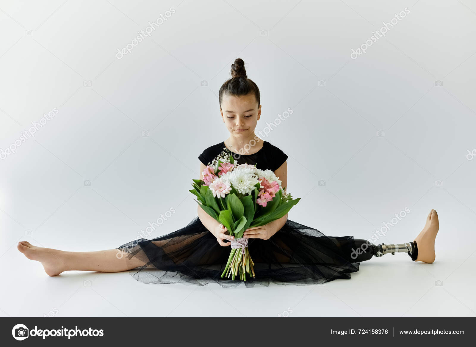 Young Girl Prosthetic Leg Sitting Split Position Holding Bouquet ...