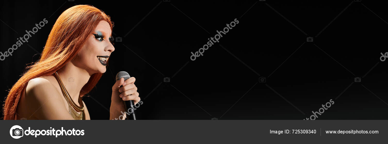 Drag Performer Glamorous Outfit Holds Microphone Sings Stage — Stock ...