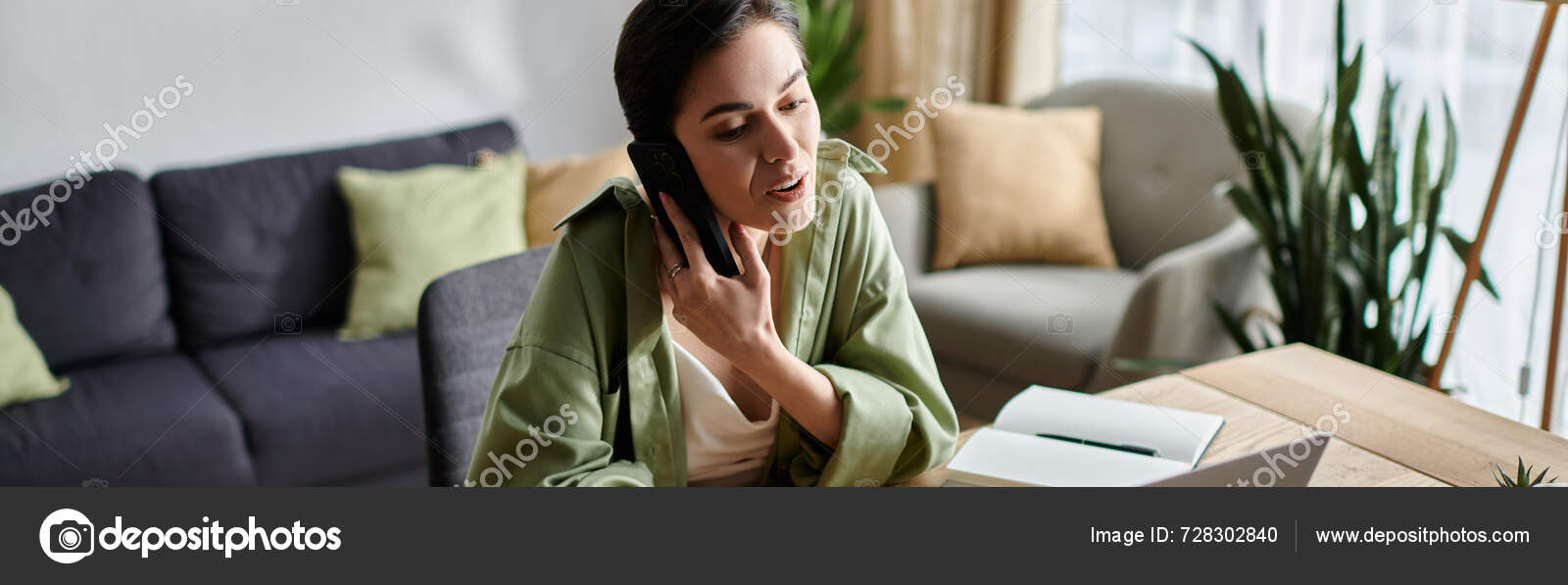 Woman Works Home Taking Call While Sitting Desk — Stock Photo ...