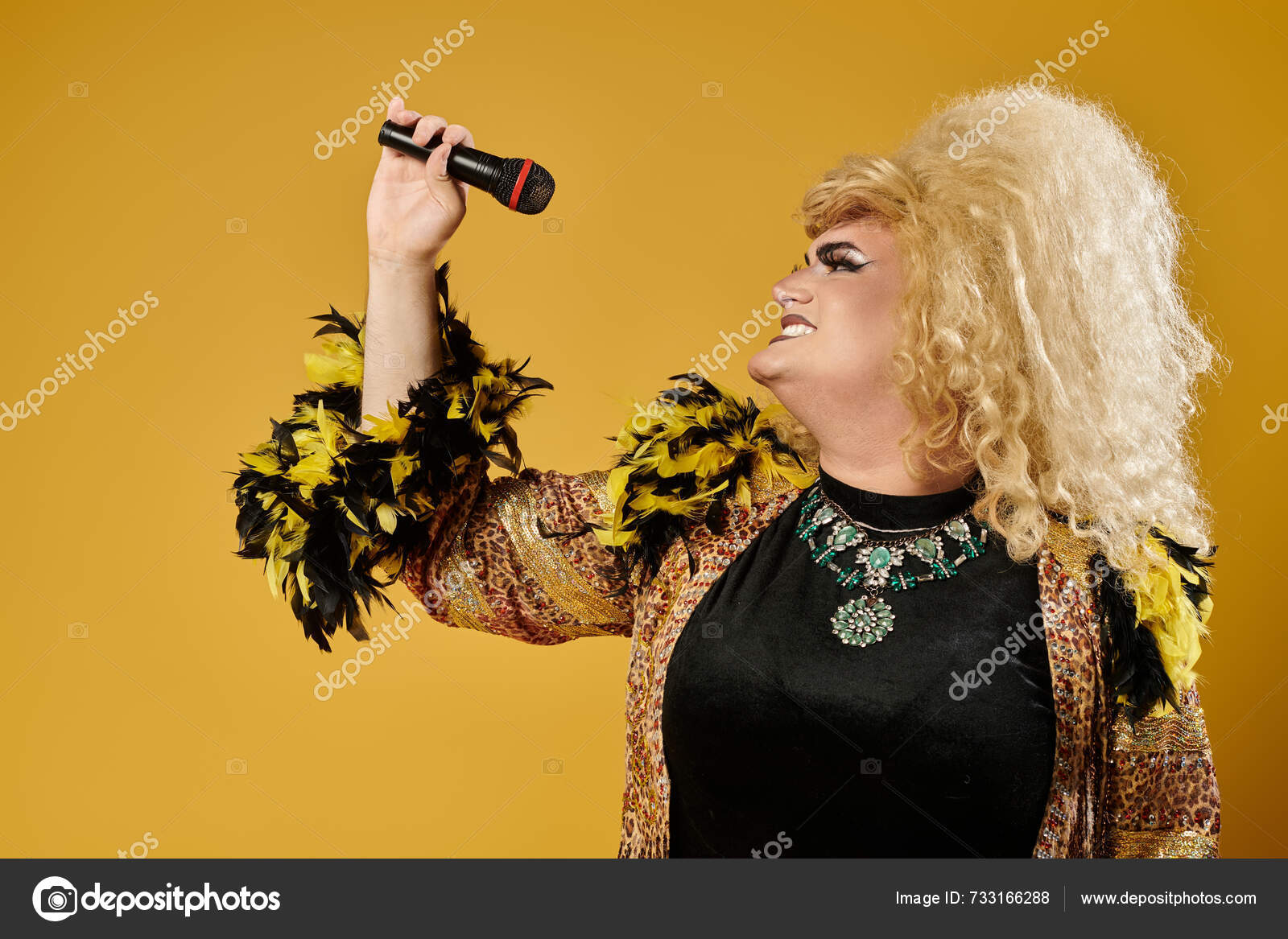 Drag Queen Dressed Stylish Clothing Feathers Performs Microphone ...