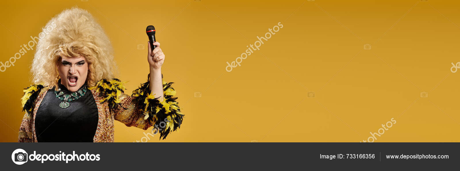 Drag Queen Dressed Gold Jacket Feathers Holds Microphone — Stock Photo ...