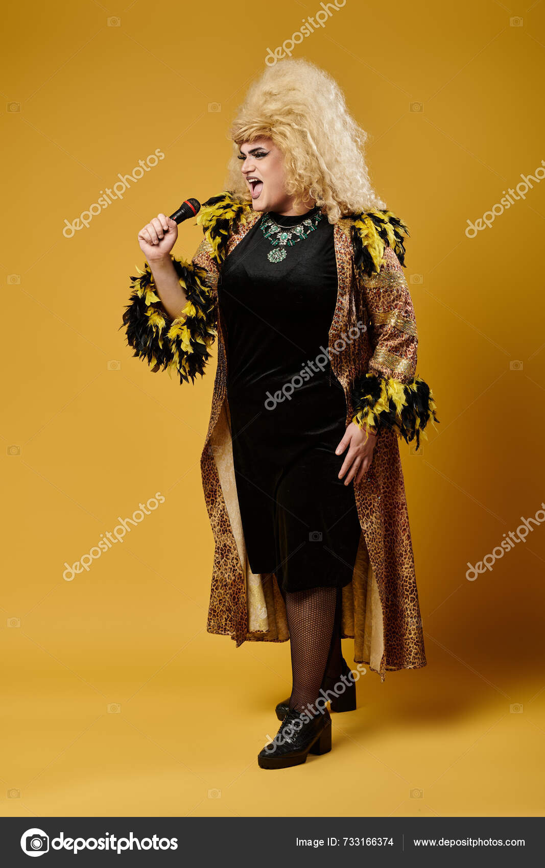 Performer Black Dress Leopard Print Coat Belts Out Song Microphone ...