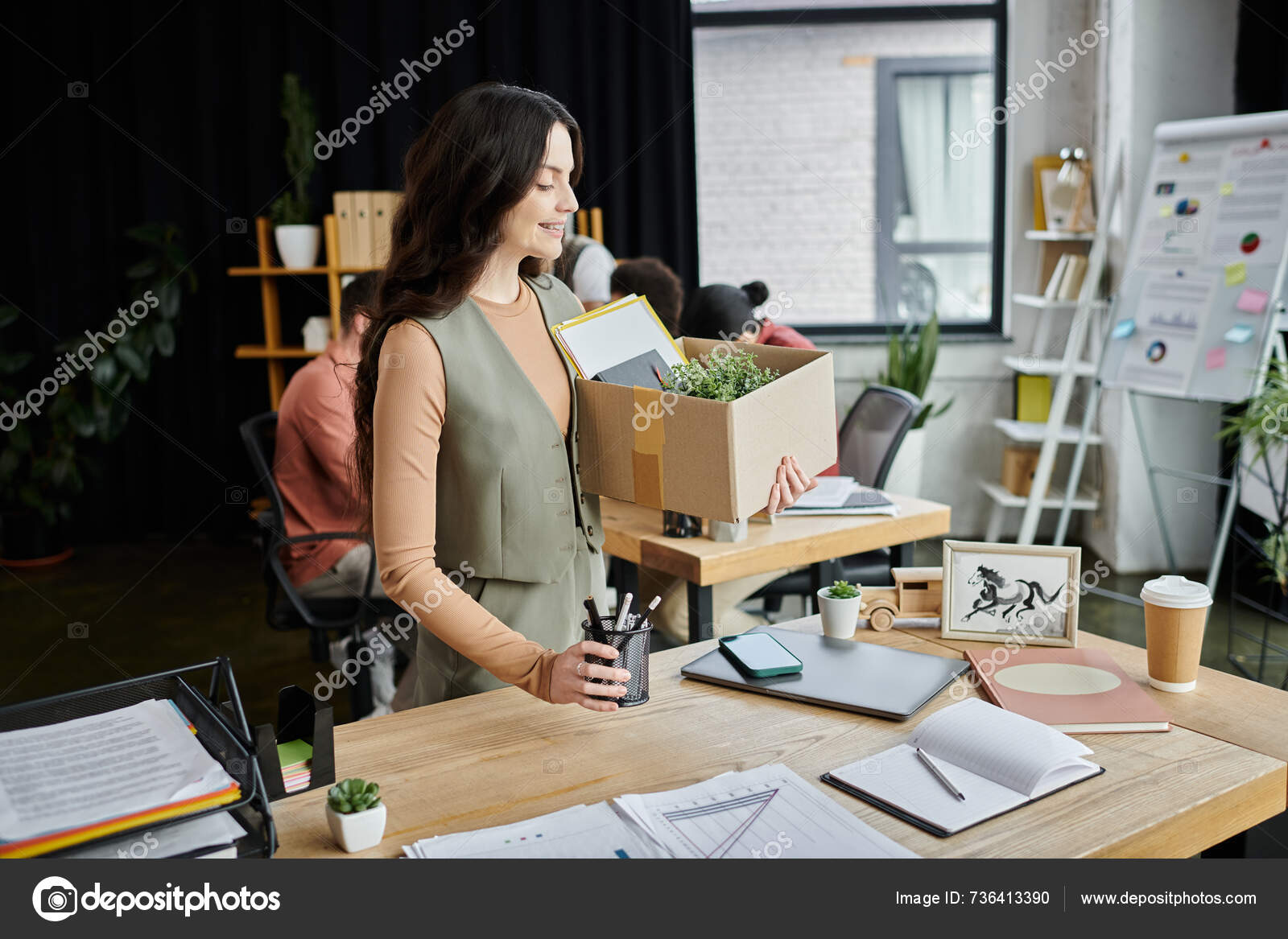 Woman Reflect Changes While Packing Personal Items Colleagues Backdrop ...
