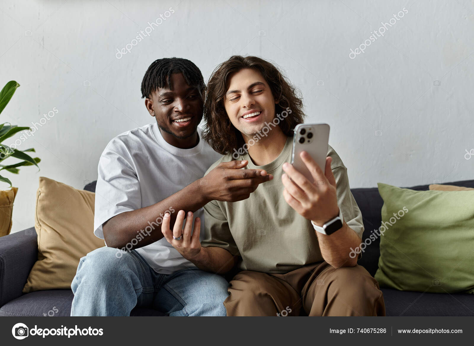 Two Partners Relax Connect Home Sharing Smiles While Viewing Something ...