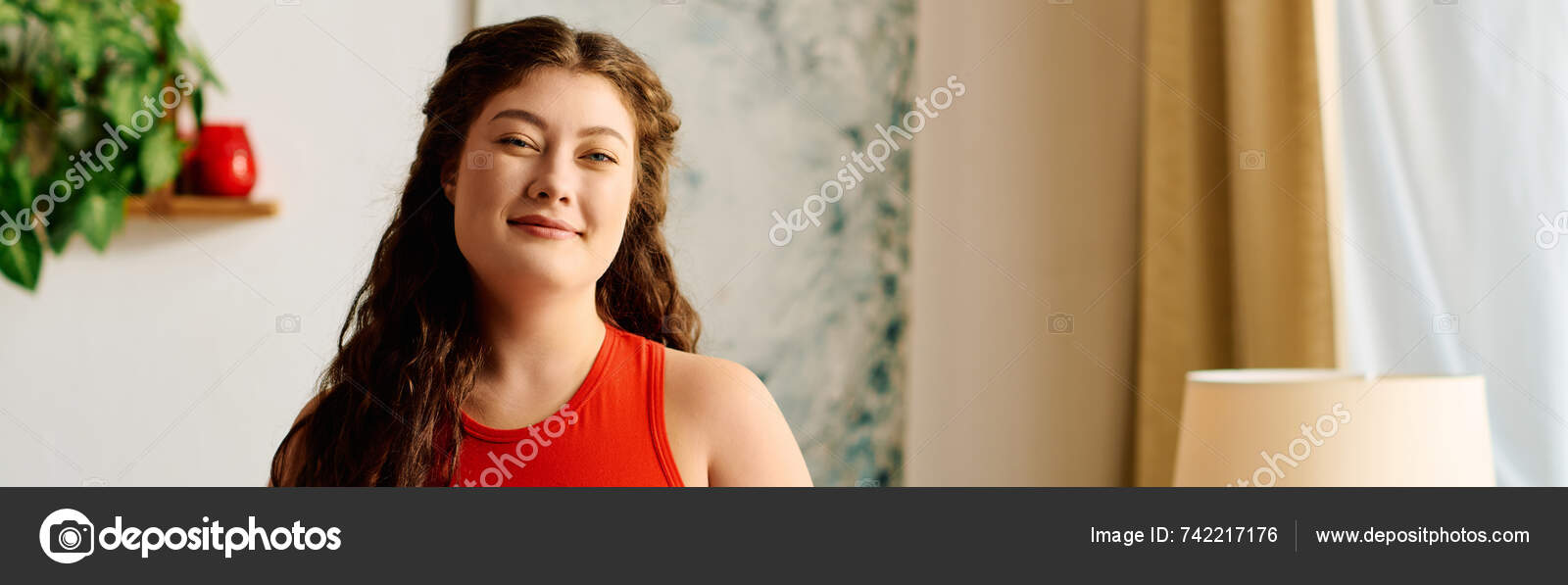 Young Beautiful Size Woman Curly Hair Enjoys Relaxed Moment Home ...