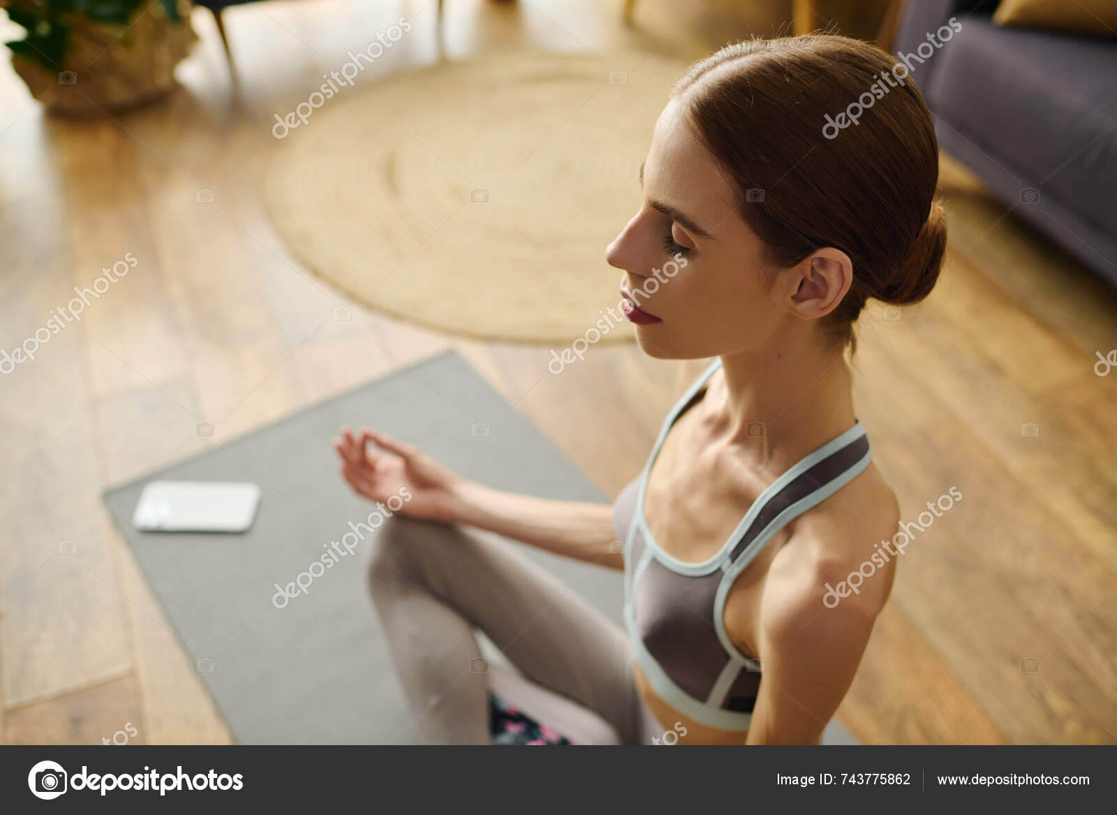 Young Woman Anorexia Practices Meditation Gentle Exercise Home Focusing Her — Stock Photo ...