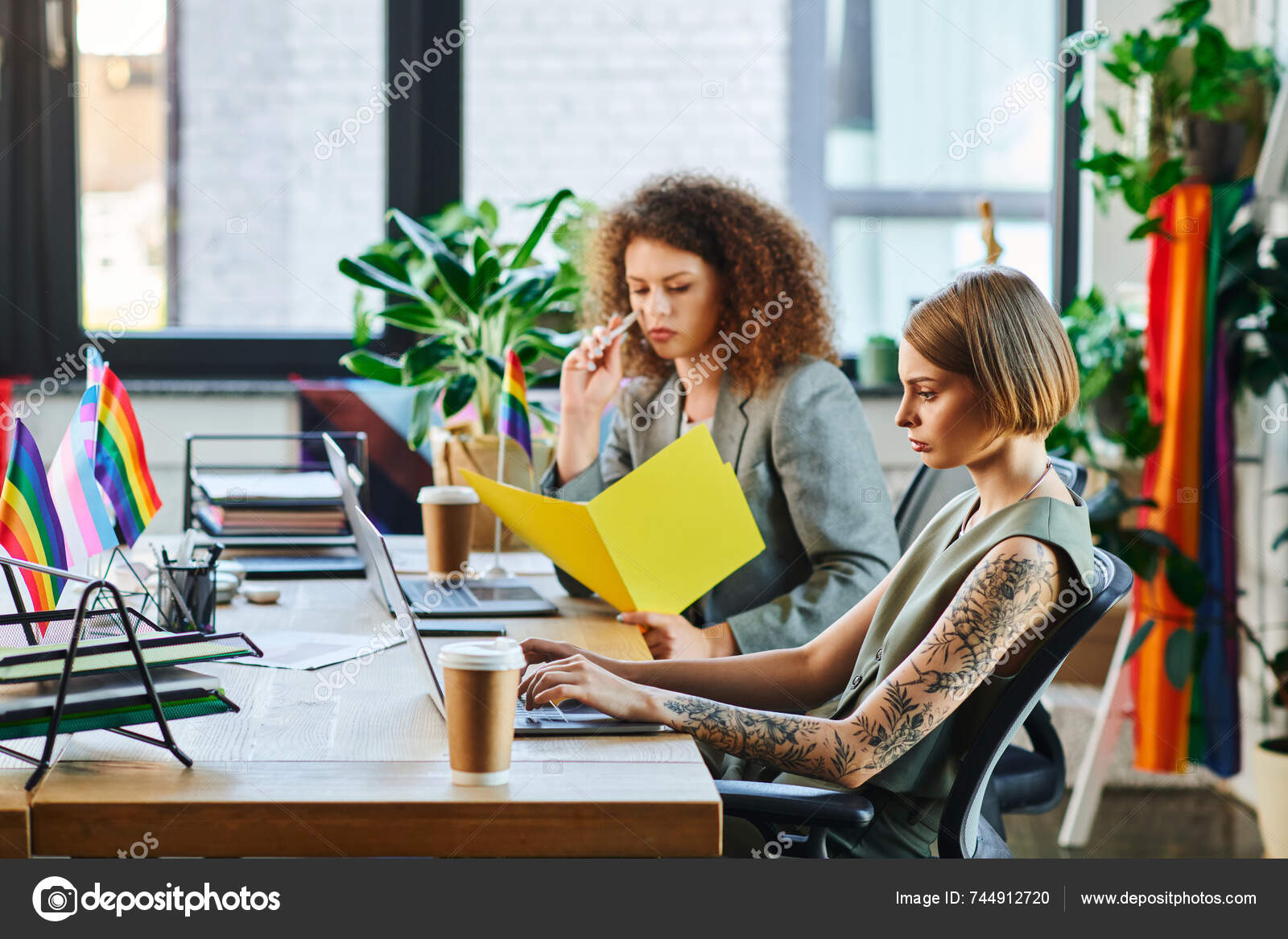 Two Colleagues Engage Productive Work Environment Filled Vibrant ...