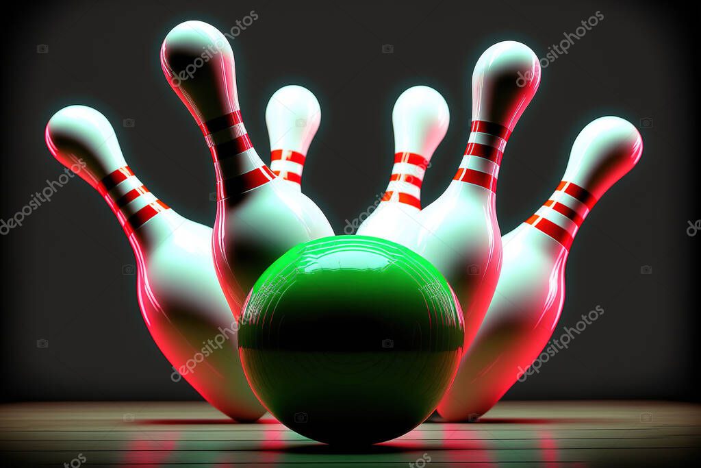 Imagen de la bola de bolos golpeando alfileres anotando un strike ...