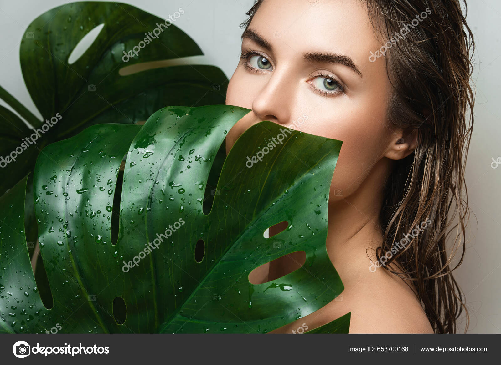 Portrait Beautiful Young Woman Smooth Skin Holding Monstera Deliciosa ...
