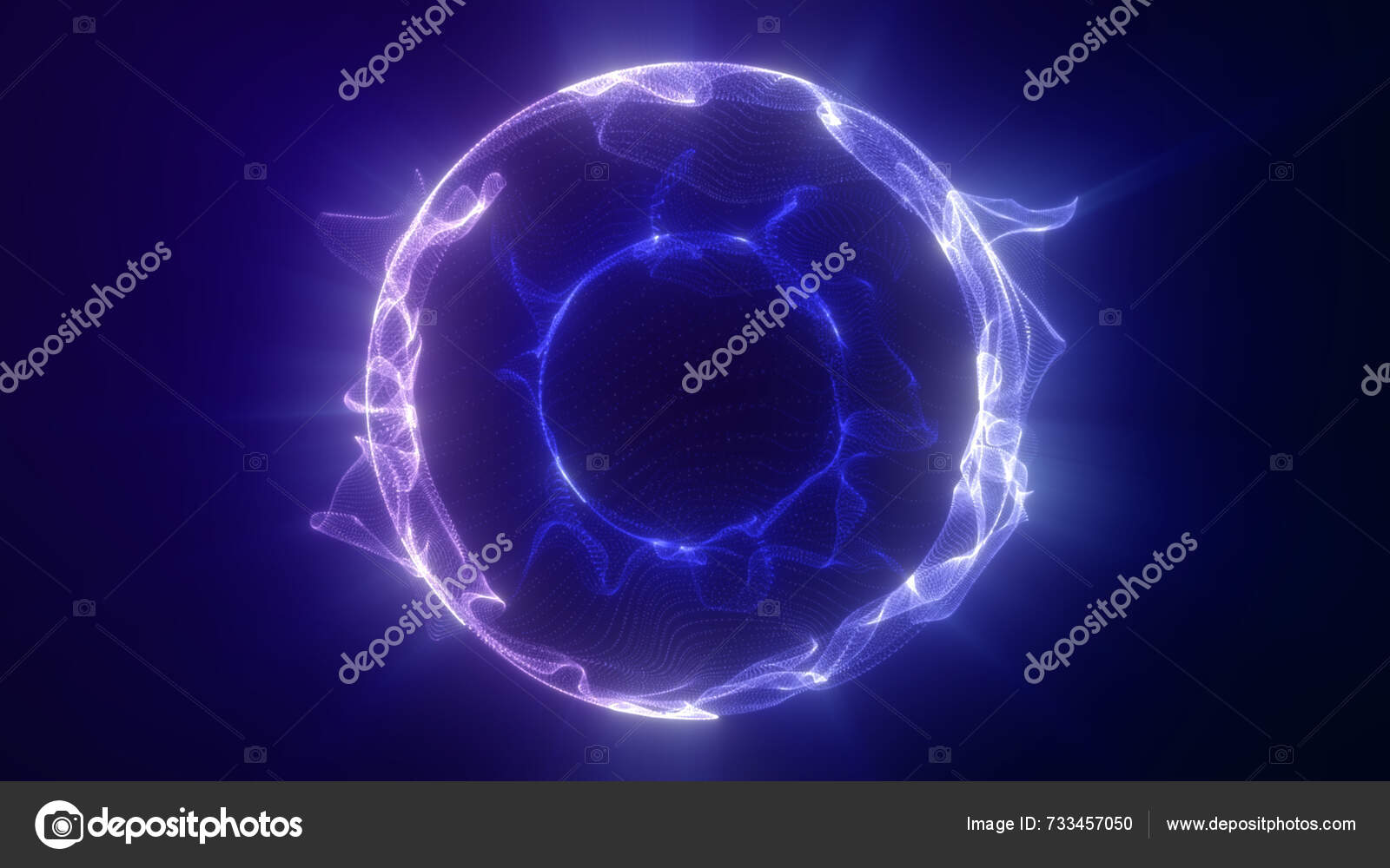 Blue Neon Sphere Emits Energy Black Atom Section Purple Blue — Stock ...
