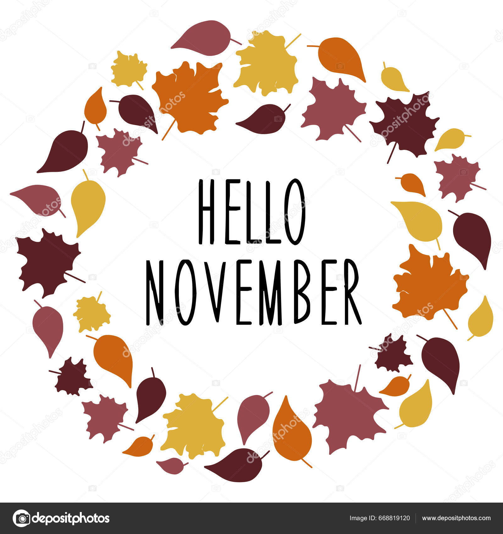 Autumn Leaves Wreath Lettering Hello November Isolated White Red Colors ...