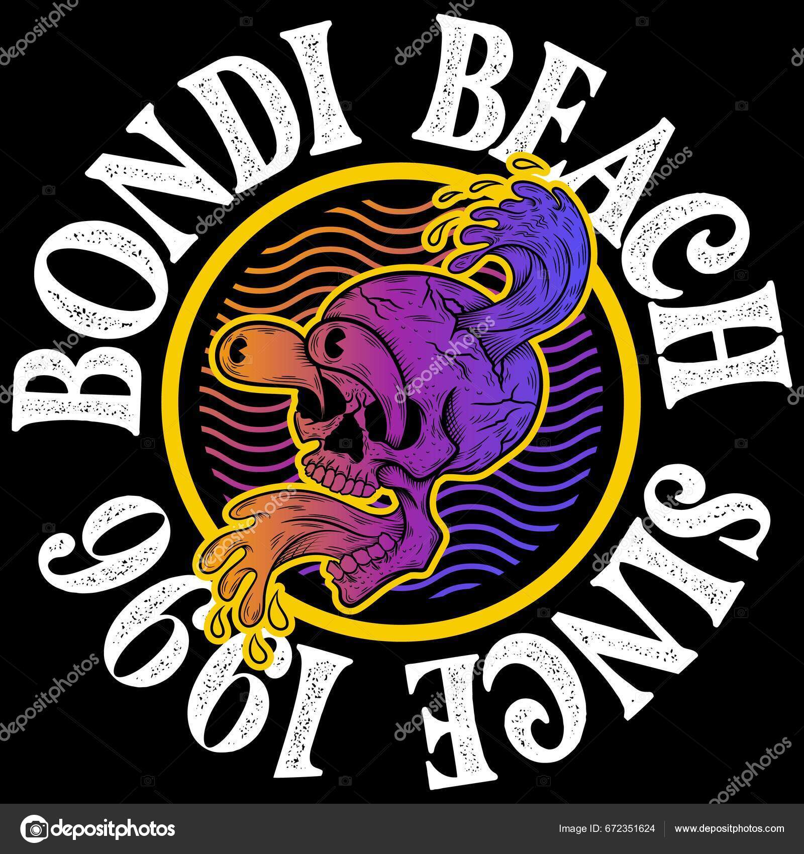 Ilustración Bondi Beach Desde 1996 Equipo Surf Con Cráneo Ojos Vector ...