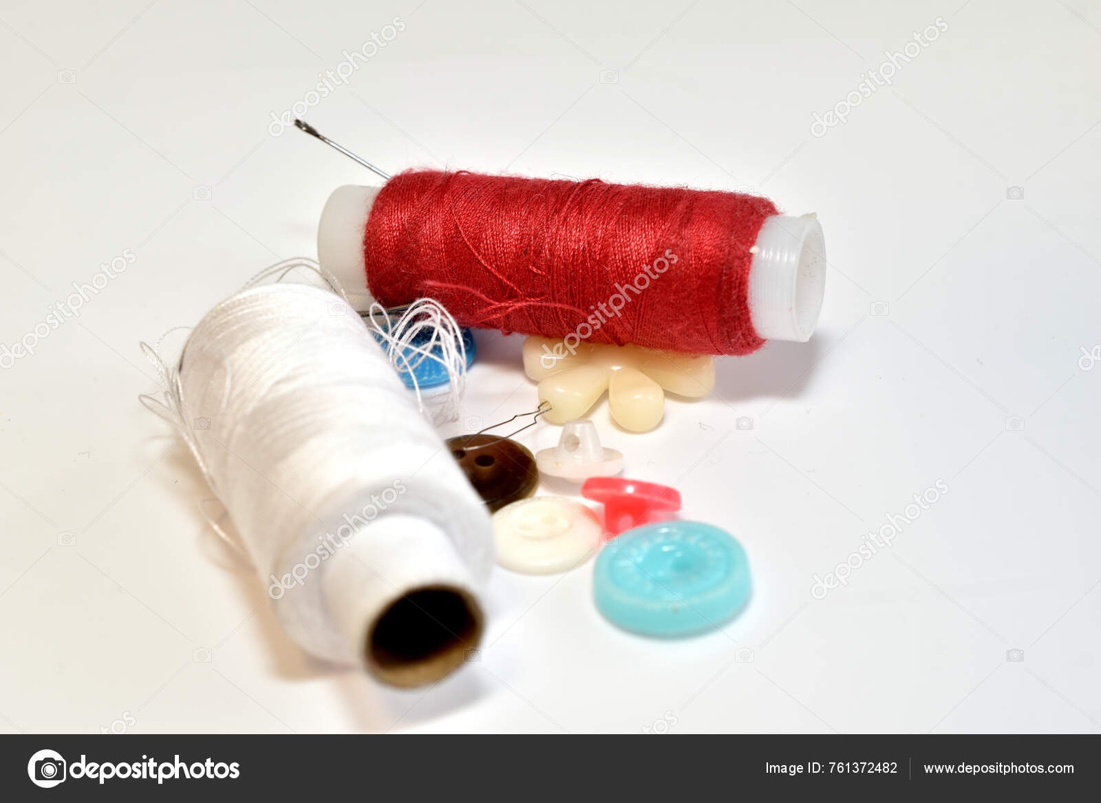 Two Spools Different Colored Threads Needles Buttons Lie Seamstress's ...
