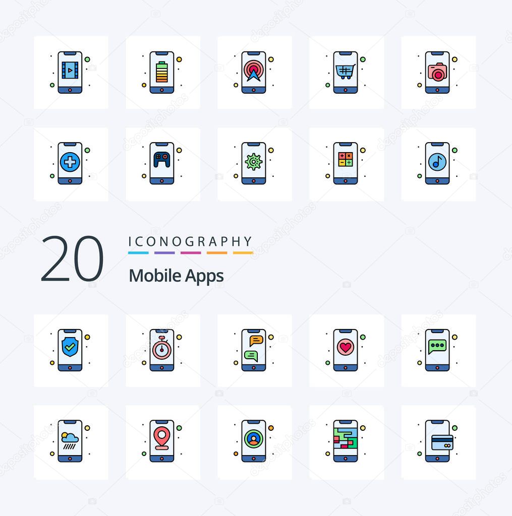 20 L nea de aplicaciones m viles llenado icono de color Pack como aplicaci n reloj de tel fono ...