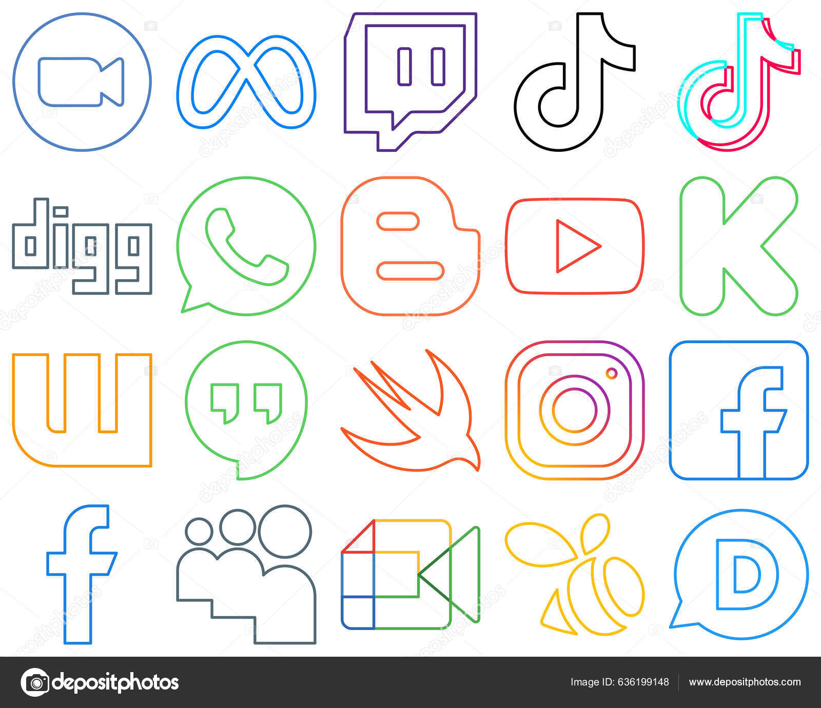 Professional Colourful Outline Social Media Icons Set Video Blog Douyin ...