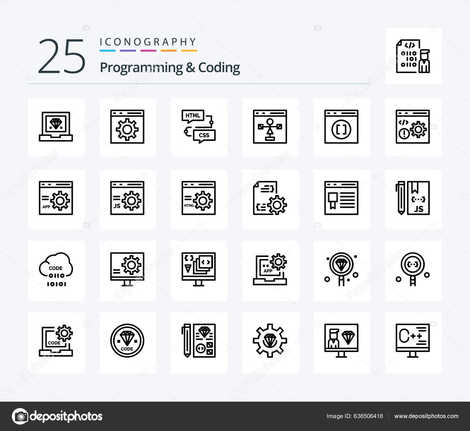 Programming Coding Line Icon Pack Including Develop Browser Flowchart Develop Stock Vector By