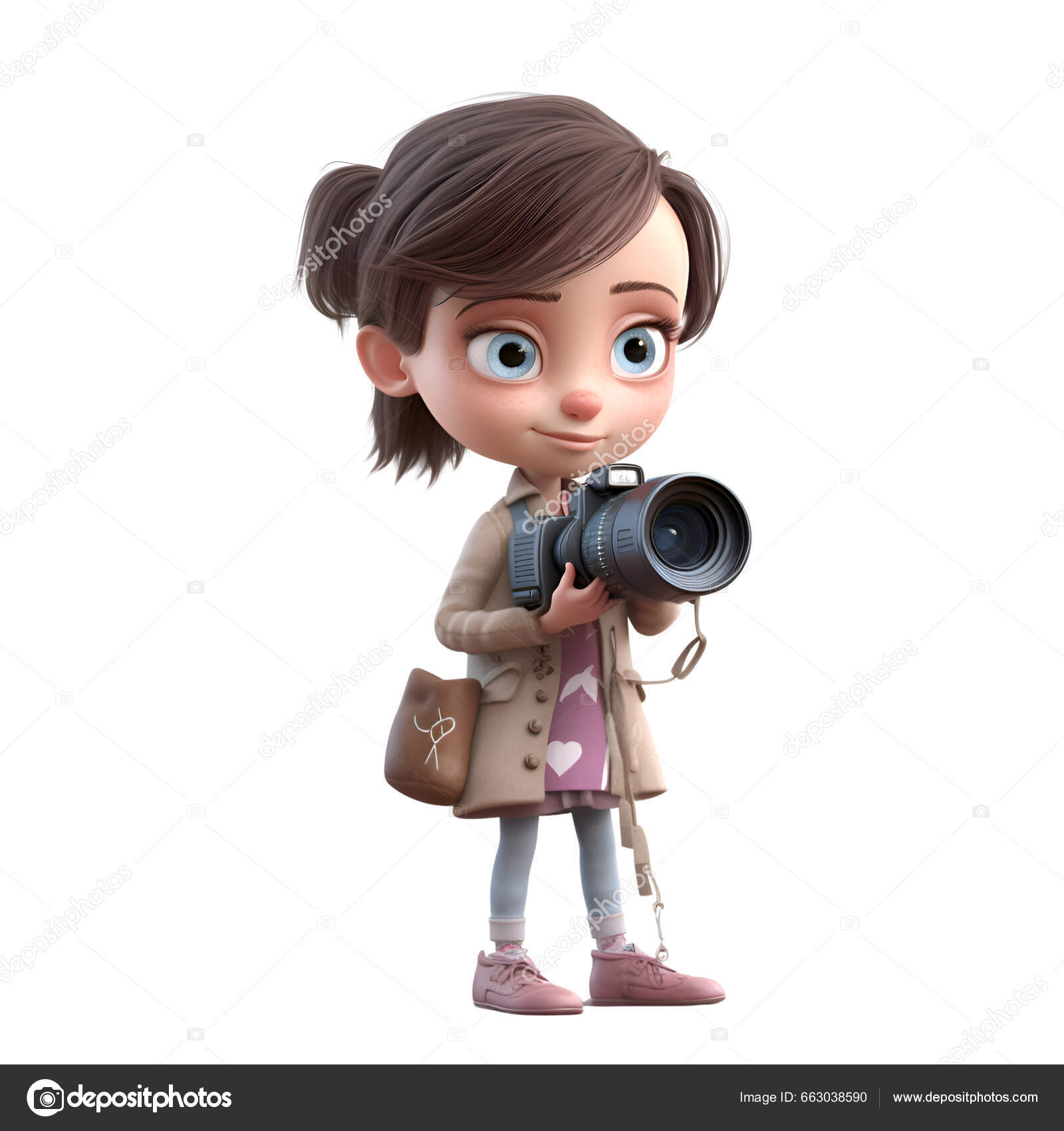 Rendering Cute Cartoon Girl Camera Isolated White Background — Stock ...