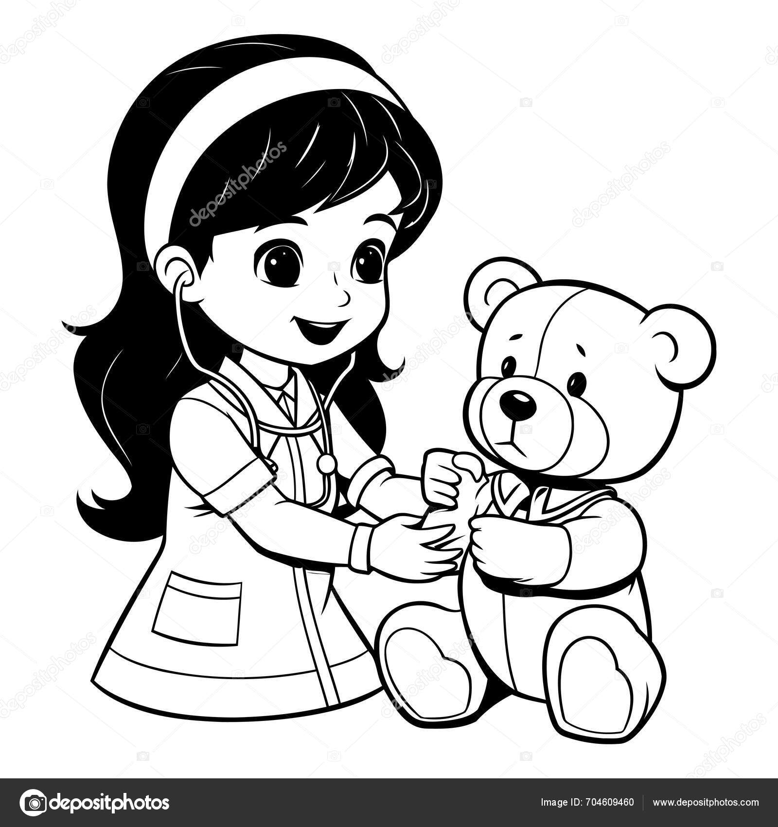 Cute Little Doctor Teddy Bear Black White Vector Illustration Stock ...