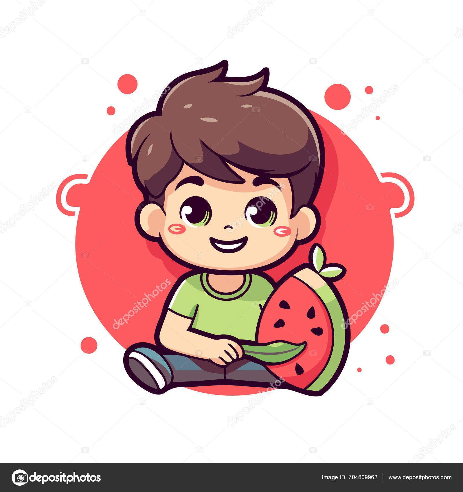 Image Vectorielle Joli Garçon Mangeant Pastèque Illustration