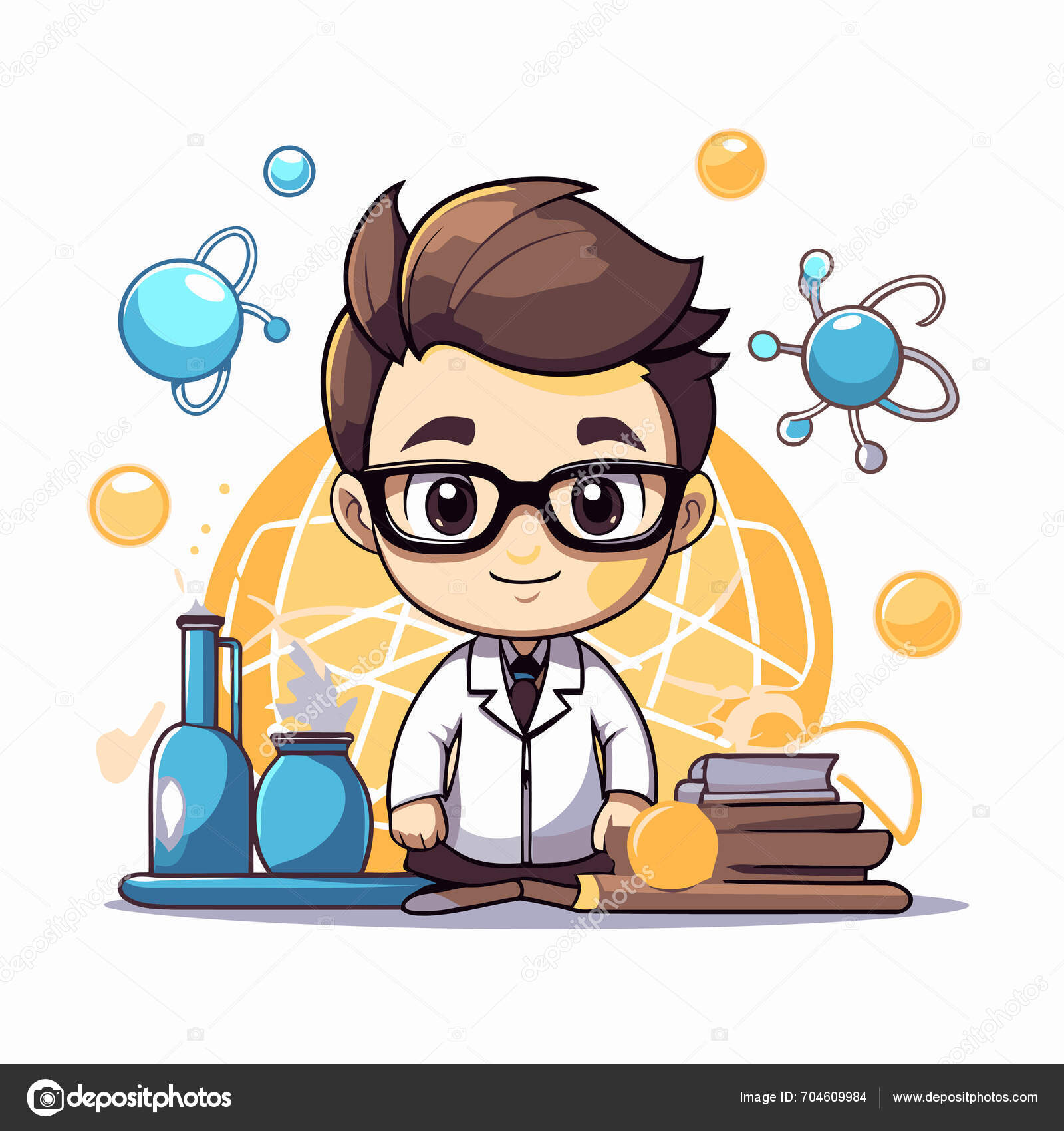 Niño Estudiante Con Suministros Ciencia Aula Dibujos Animados Vector ...