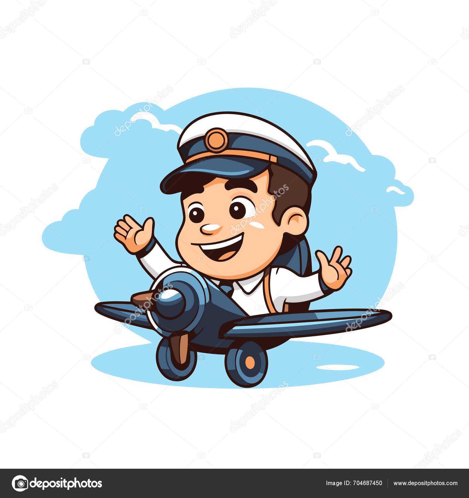 Cute Pilot Boy Cartoon Character Airplane Background Clouds Stock ...