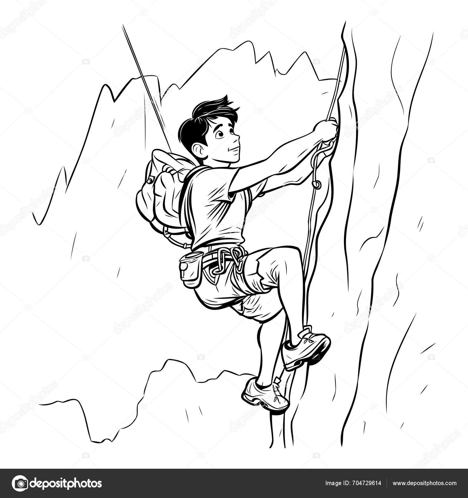 Hand Drawing Young Man Climbing Cliff Vector Illustration Stock Vector ...