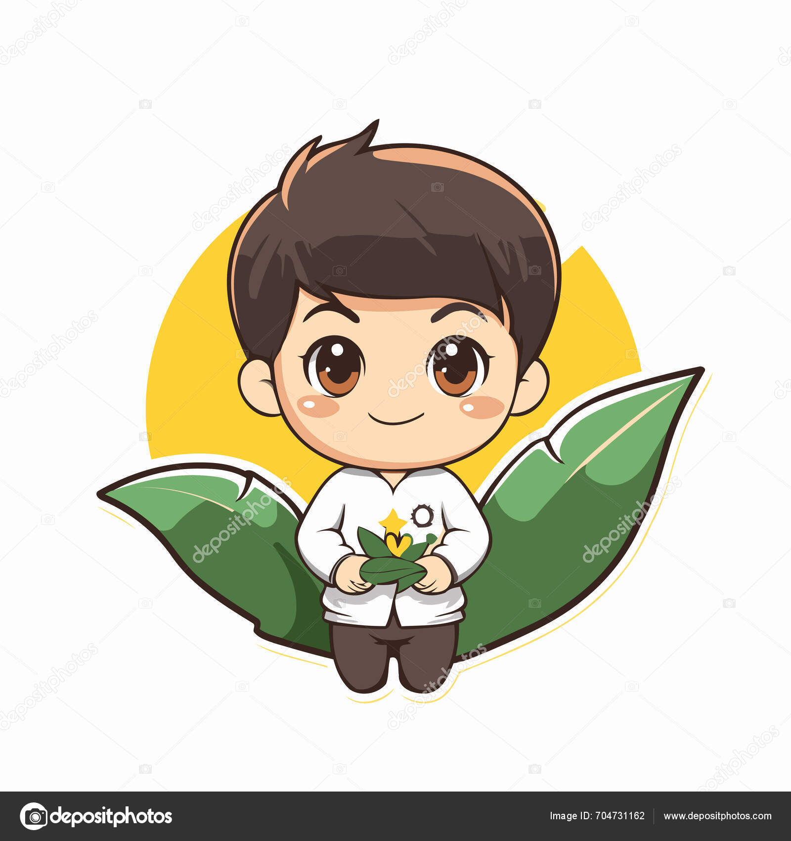 Cute Little Boy Holding Green Leaf Vector Illustration White Background ...
