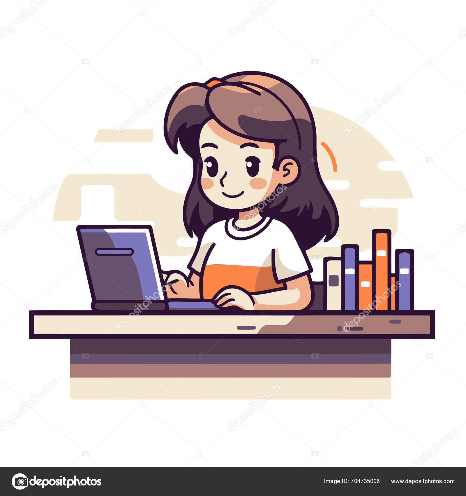 Linda Niña Trabajando Portátil Casa Dibujos Animados Vectoriales Ilustración Vector de stock por ...
