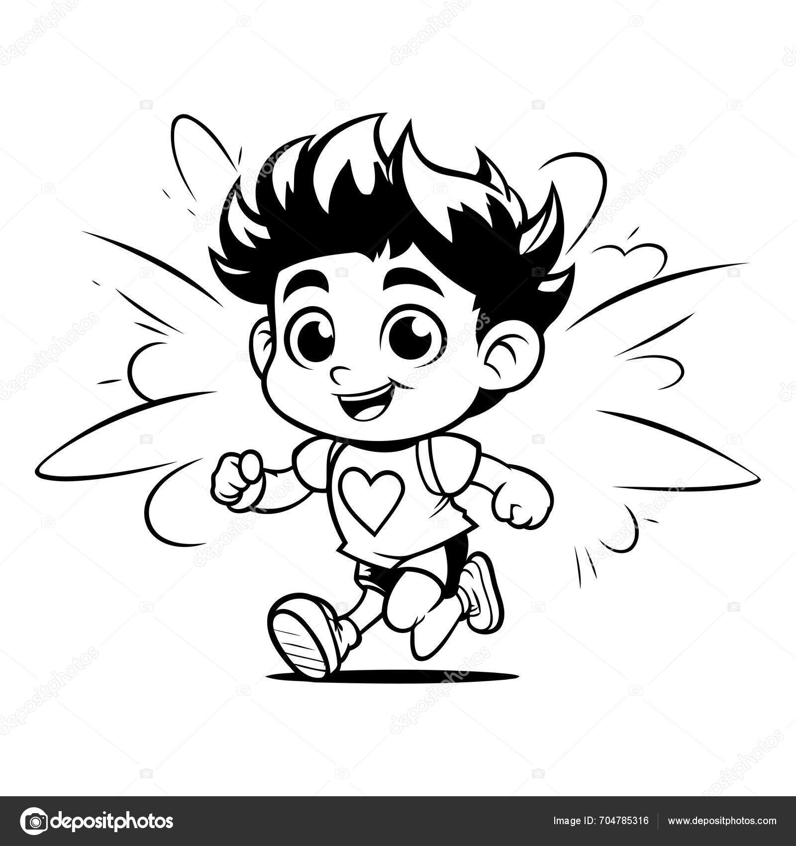 Cute Boy Running Wings Heart Black White Cartoon Character Stock Vector ...