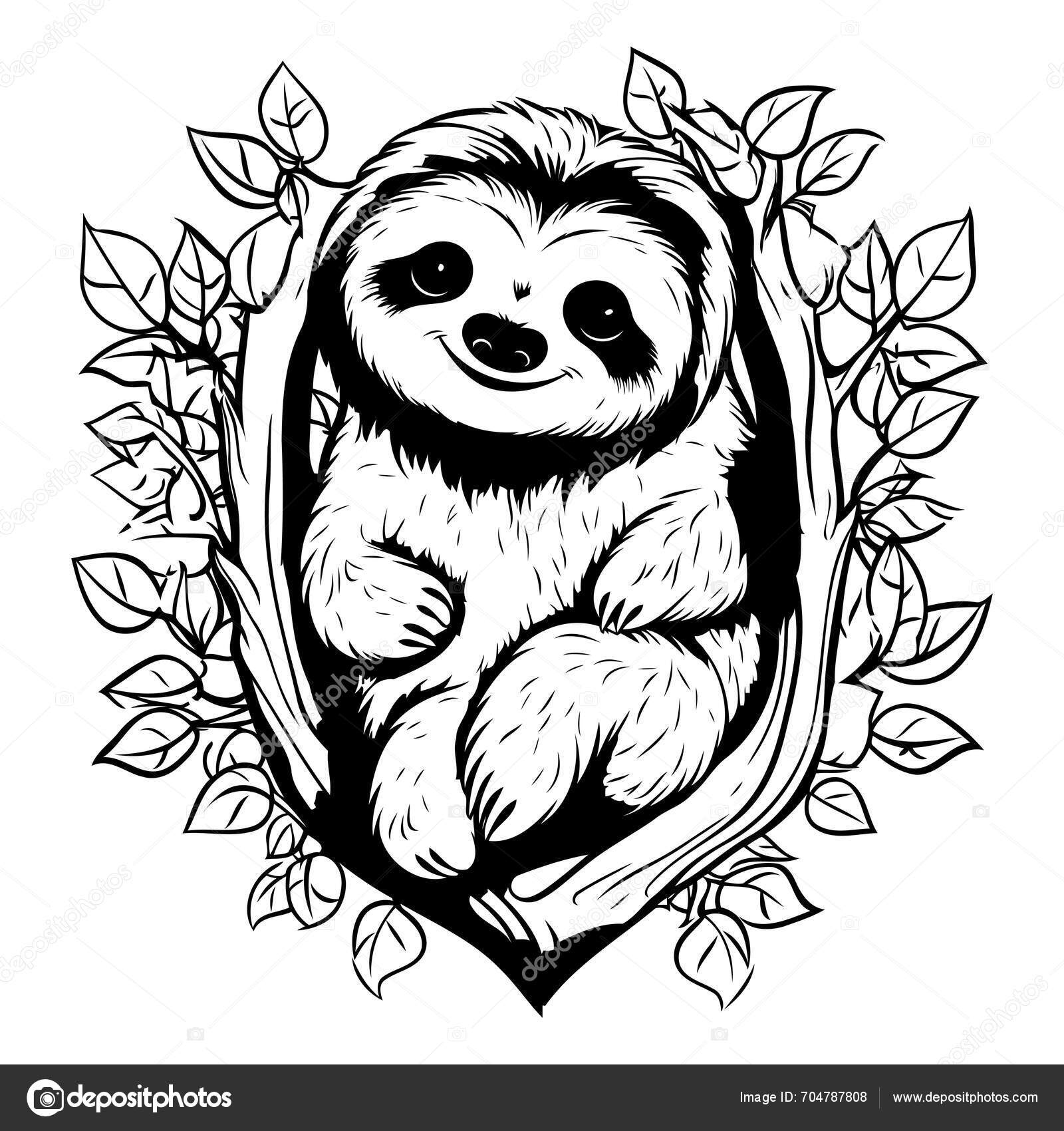 Hand Drawn Vector Illustration Cute Cartoon Sloth Floral Frame Isolated ...