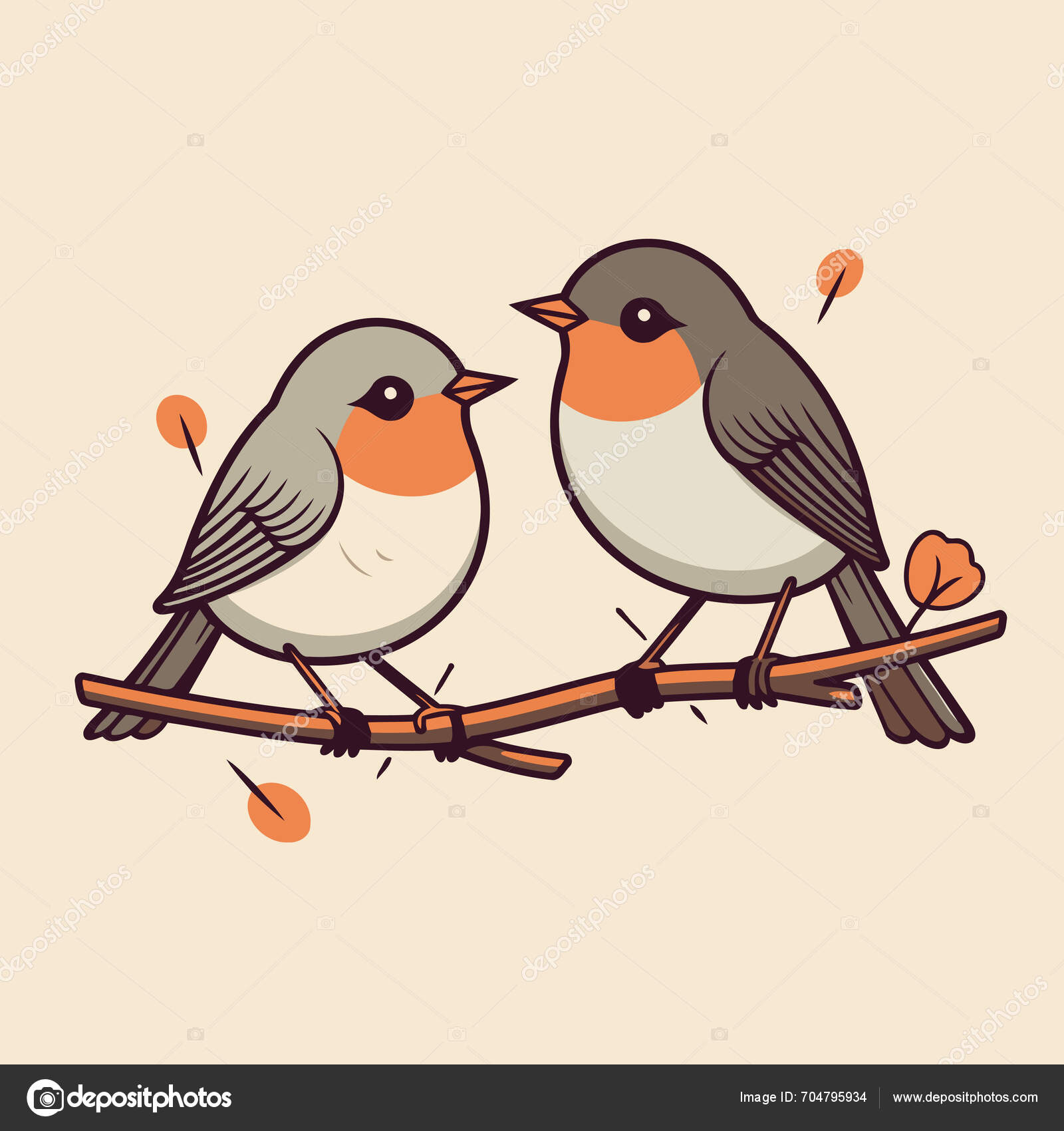 Two Robins Sitting Branch Vector Illustration Cartoon Style Stock